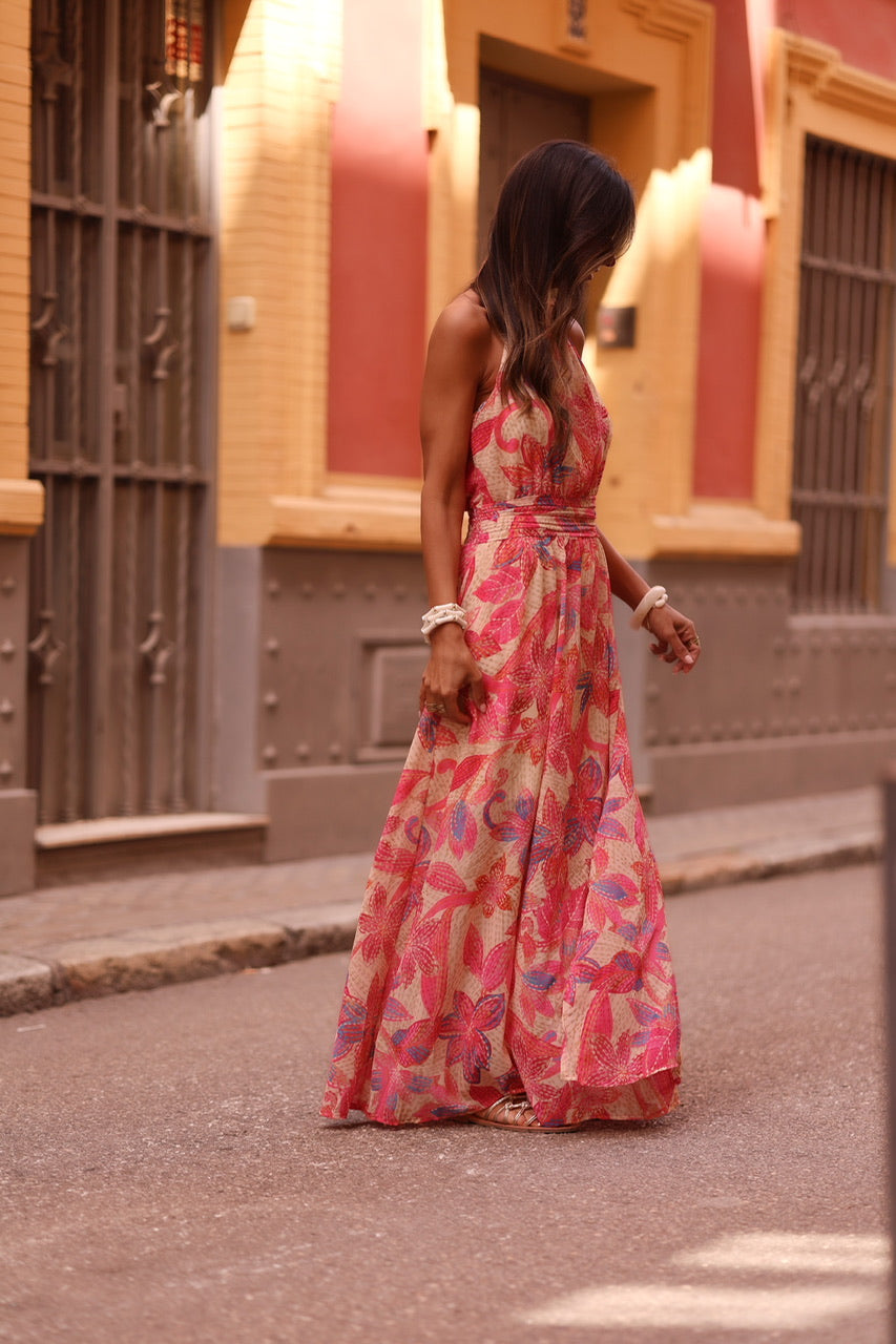 Robe Laly rose longue imprimée taille élastique - Intemporel Shop